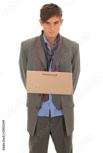 "homeless man in grey, oversized suit with blank card" Stock photo and ...