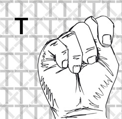 Sewing fabric with Sketch of Sign Language Hand Gestures, Letter T ...
