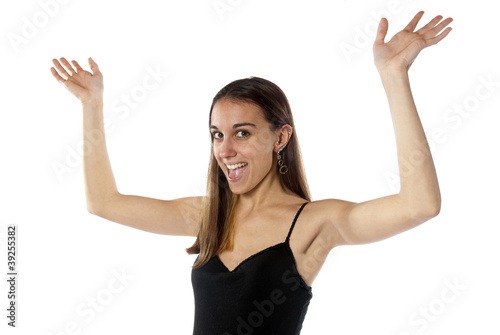 "Happy young woman waving arms in the air." Stock photo and royalty ...