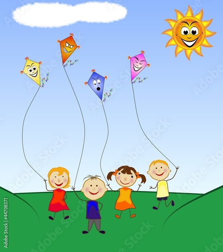 "Kindergruppe läßt Drachen steigen" Stockfotos und lizenzfreie Bilder ...