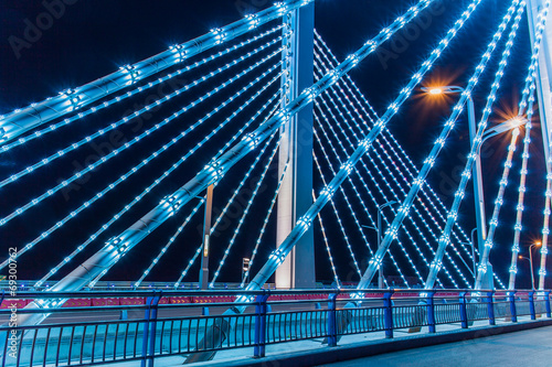"Cable-stayed bridge, night lighting shapes" Stock photo and royalty ...