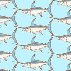 Sewing fabric with Sketch cute swordfish in vintage style - CottonBee