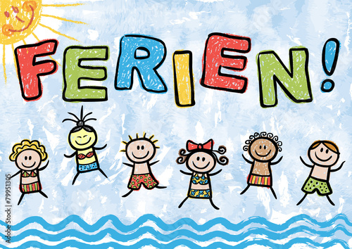 "FERIEN! – Badende springen ins Meer / handgezeichnet / Vektor" Stock ...