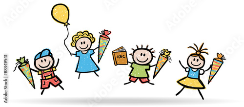 "Schulkinder mit Schultüten springend, Kreide, Vektor, freigestellt ...