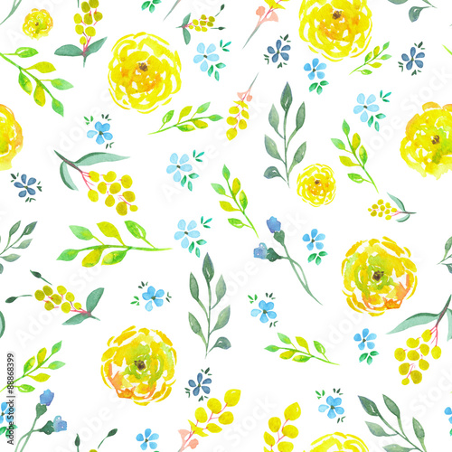 "Seamless floral pattern with yellow and blue flowers, green leaves ...