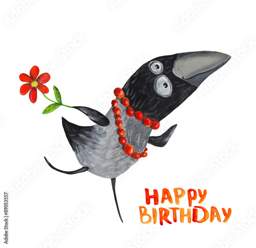 "Crow in red beads with flower. Happy birthday. Illustration. Hand ...