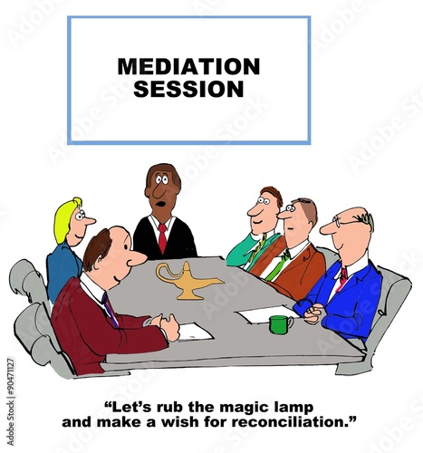 "Mediation session cartoon showing people at a meeting table and a ...