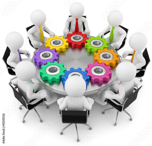 "3d Männchen Teamarbeit am Tisch bunte Zahnräder" Stockfotos und ...