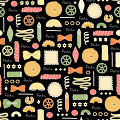 Sewing fabric with Pattern with hand drawn Italian pasta on black ...