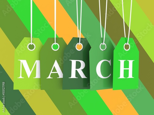 "March tag on colored hanging labels. Spring colors" Stock photo and ...