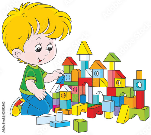 "little boy constructing a toy house with colored bricks" Stock image ...