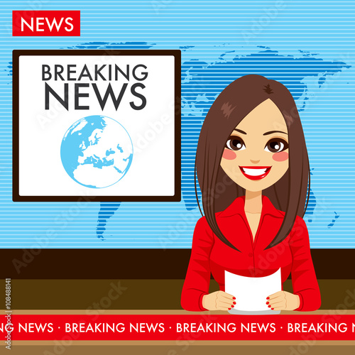 "Beautiful young tv newscaster woman reporting tv news sitting in a ...