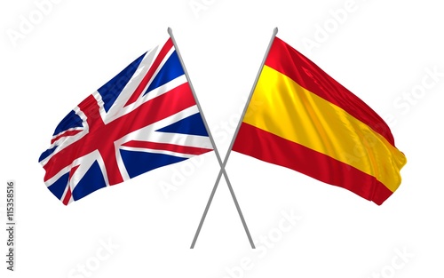 "3d illustration of UK and Spain flags together waving in the wind ...