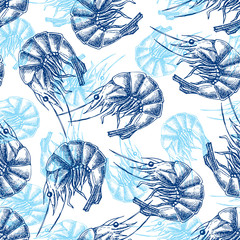Sewing fabric with Shrimp vector drawing. Seamless seafood pattern ...
