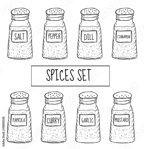"Spices in cans set sketch. Seasoning collection. Hand drawing, doodle ...