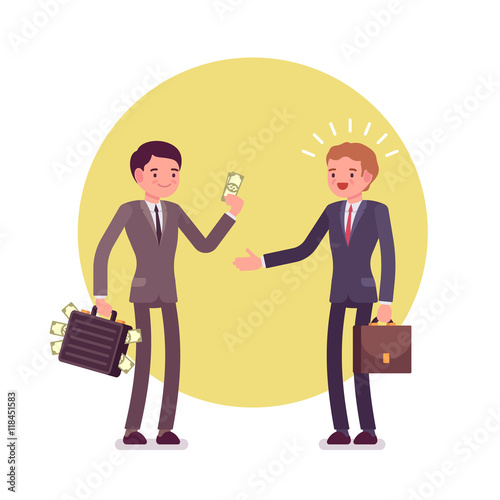 "Businessman is giving money to another man. Two men are in a formal ...