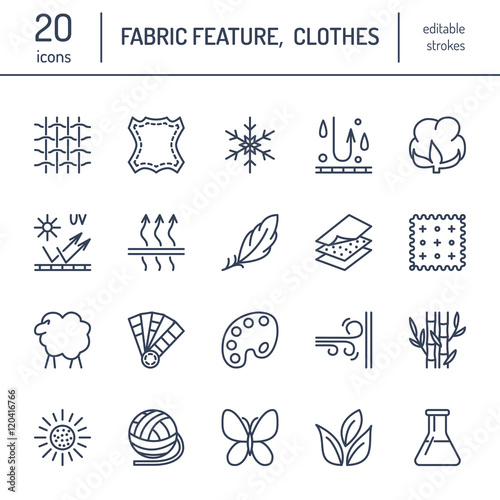 "Vector line icons of fabric feature, garments property symbols ...
