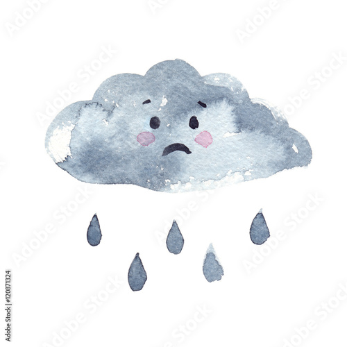 "Little sad cartoon cloud with raindrops painted in watercolor on clean ...