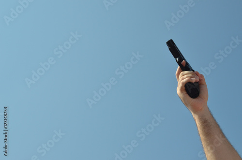 "Replica of a gun pointed to the clear blue sky" Stock photo and ...