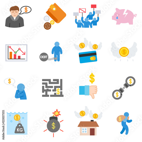 "Financial failure, icons set. Crisis, flat design. Losing money ...
