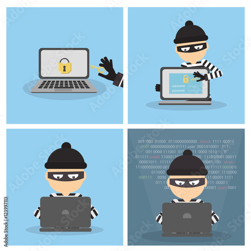 "Criminal hacker set. Funny cartoon thief in black mask stealing ...