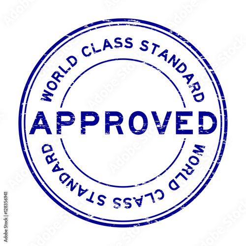 "Grunge blue approved world class standard round rubber stamp" Stock ...