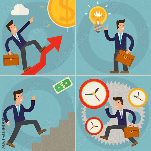 Four Illustrations Of Cartoon Character Successful Businessman Stock