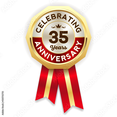 "Red celebrating 35 years badge, rosette with gold border and ribbon ...