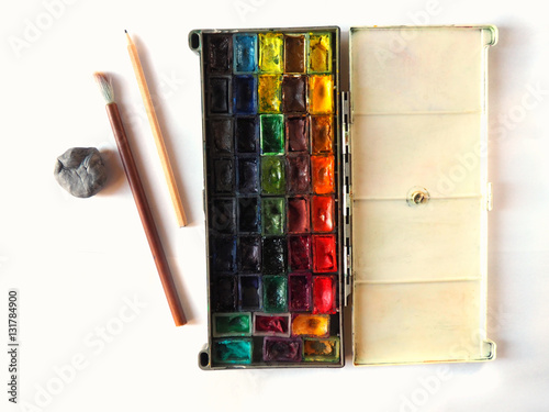 "watercolor set tools with brush, pencil, eraser" Stock photo and ...