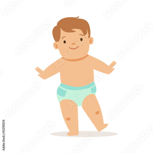 "Boy In Nappy Doing First Steps, Adorable Smiling Baby Cartoon ...