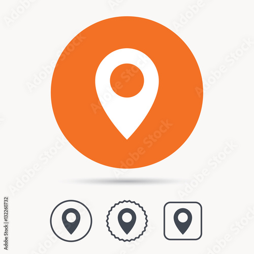 "Location icon. Map pointer symbol. Orange circle button with web icon ...