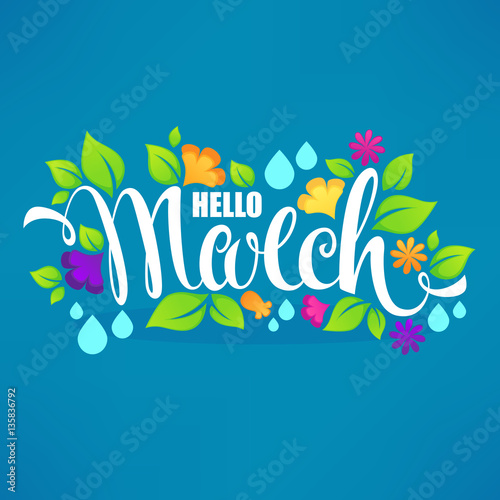 "Hello March, vector banner design template with images of green" Stock ...