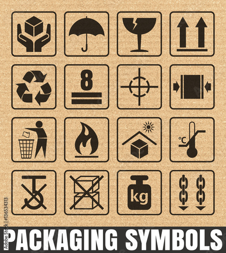 "Packaging symbols on cardboard background including Fragile, Handle ...