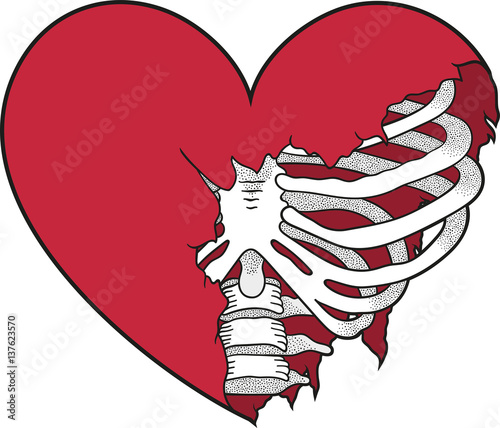 "Vector illustration of a red ripped heart with ribs underneath ...