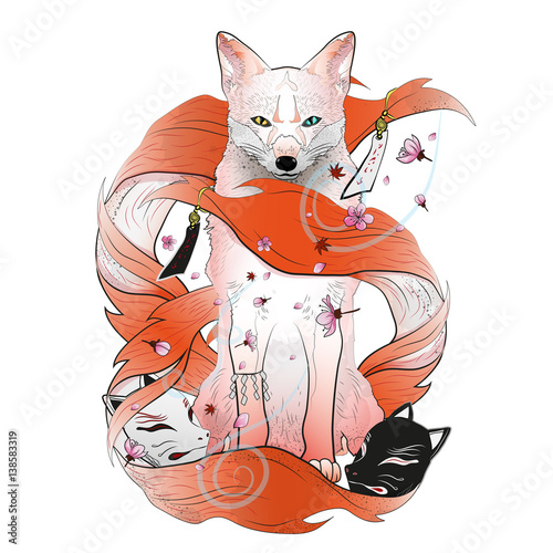 "Traditional red Japanese fox illustration" Stock image and royalty ...