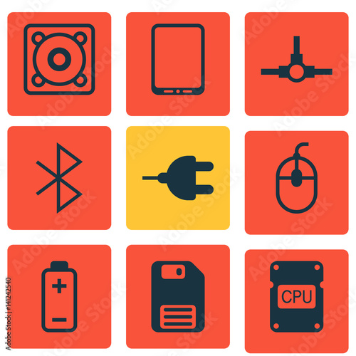 "Set Of 9 Computer Hardware Icons. Includes Connector, Cpu, Wireless ...