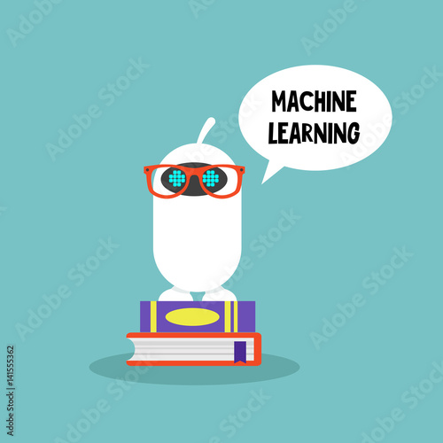 "Machine learning concept. Cute cartoon robot wearing glasses and ...