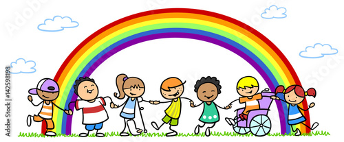 "Kinder bei Inklusion und Integration unter Regenbogen" Stockfotos und ...