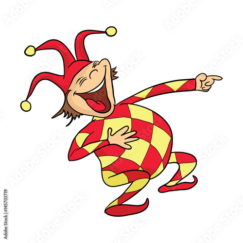 "The laughing clown or jester in fool's cap is pointing the finger ...