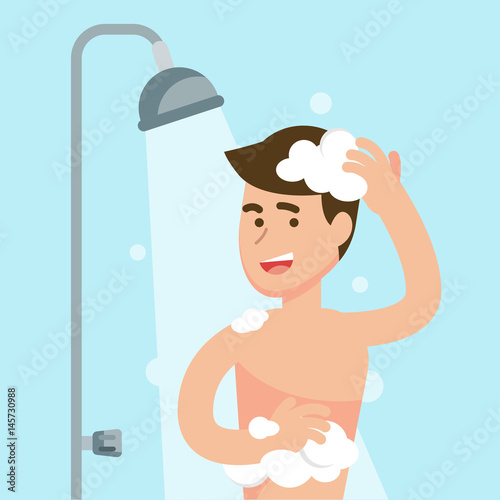 Happy Man Taking Shower In Bathroom Concept Flat Vector Illustration