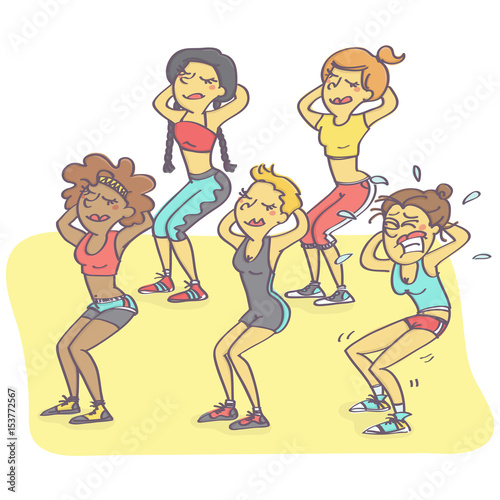 "Funny vector cartoon with group of women exercising squats, one is all ...
