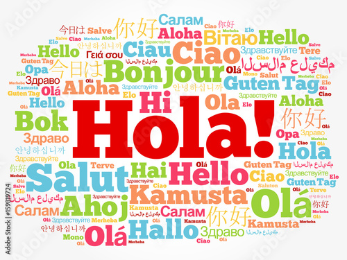 "Hola (Hello Greeting in Spanish) word cloud in different languages of ...