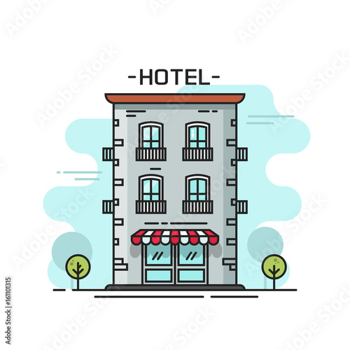 "Hotel building vector illustration line outline flat carton style from ...