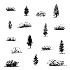 Sewing fabric with hand drawn set of graphic trees on white background ...