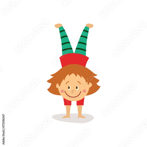 "vector flat cartoon girl kid having fun doing handstand exercise smiling. Children activity in ...