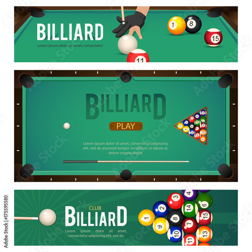 "Set of three horizontal pool, billiard, snooker tournament banners ...