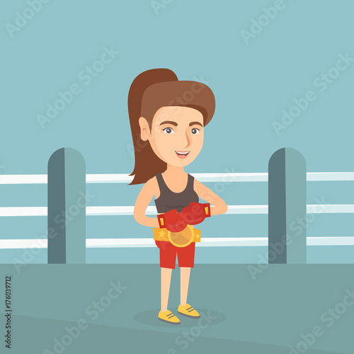 "Young caucasian confident sportswoman wearing a champion belt and ...
