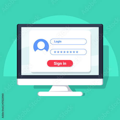"Sign in page on computer screen. Desktop computer with login form and ...
