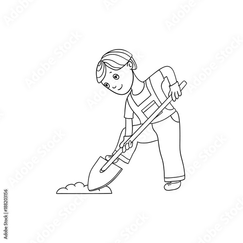 "vetor flat cartoon teen boy in worksuit digging the hole by shovel to ...