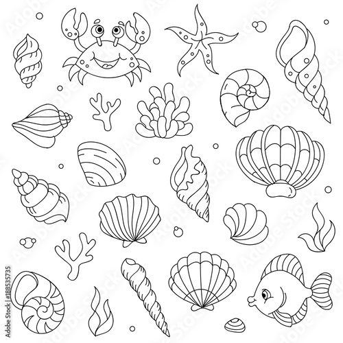 "vector lineart cartoon comic doodle sea animals kids set." Stock image ...